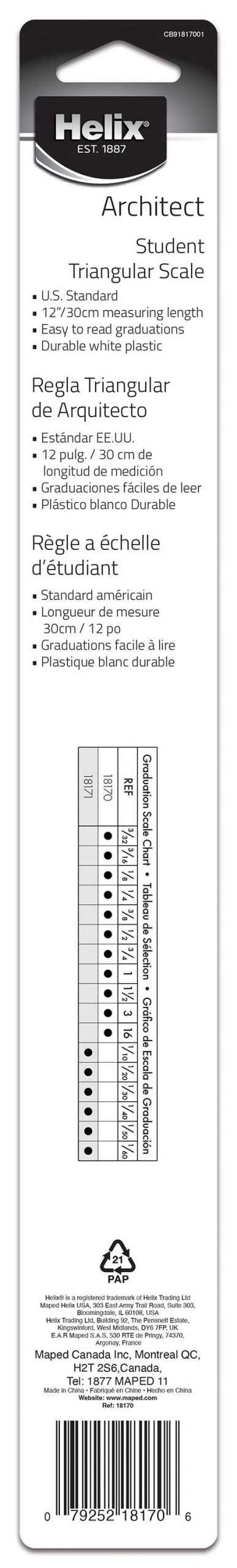 Student Plastic Architect’s Triangular Scale 12″ – Maped Helix USA